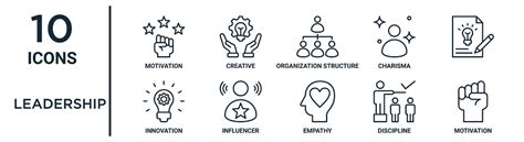 리더십 개요 아이콘 세트에는 가는 선 동기 부여 조직 구조 인플루언서 규율 동기 부여 보고서 프레젠테이션 다이어그램 웹 디자인을 위한 혁신 아이콘이 포함됩니다 개발에 대한