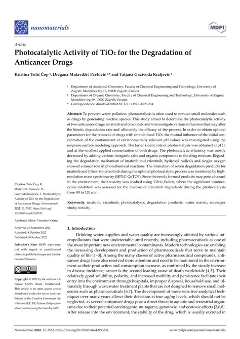 Pdf Photocatalytic Activity Of Tio2 For The Degradation Of Anticancer