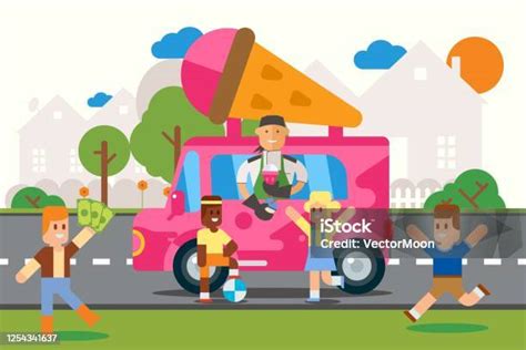 아이스크림 만화 자동차 트럭 벡터 일러스트 어린이 캐릭터는 도시에서 길거리 음식 야외 간식 판매자 를 구입합니다 거리에 대한 스톡 벡터 아트 및 기타 이미지 Istock