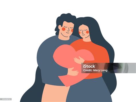 젊은 부부는 사랑과 보살핌으로 서로를 껴안습니다 행복한 여자와 남자는 함께 큰 마음을 개최합니다 커플에 대한 스톡 벡터 아트 및 기타 이미지 Istock