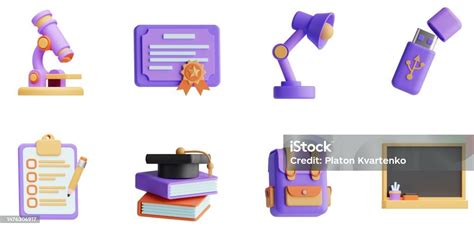 3d 학용품 세트 졸업 증명서 책 칠판 Usb 스틱 현미경 배낭 책상 램프 교육 연구 문구 항목 Ux Ui 웹 디자인 요소 3d 렌더링 그림 Stem 주제에 대한 스톡 사진