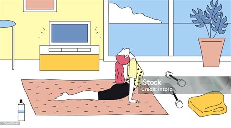 피트니스 요가 코스 및 건강한 라이프 스타일 개념 육체적 영적 실천 여자는 피트니스와 요가를 요가 매트에 집에서 아령과 함께