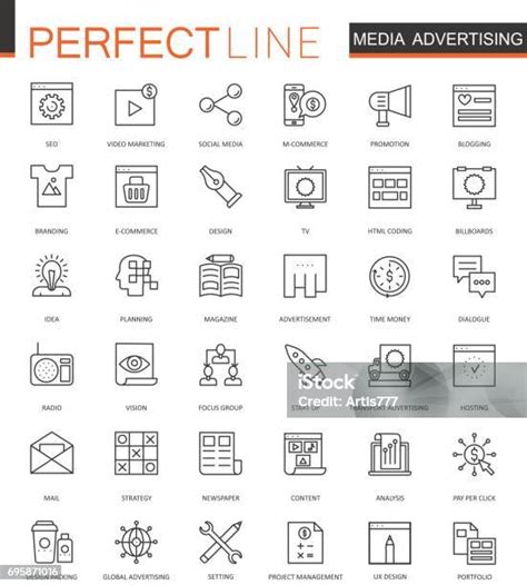 미디어 광고 선 웹 아이콘 설정합니다 스트로크 아이콘 디자인을 설명 합니다 아이콘에 대한 스톡 벡터 아트 및 기타 이미지 아이콘 광고 마케팅 Istock