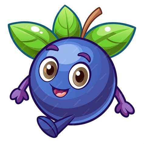 Cartoon Blueberry With Smiling Face And Green Leaves Premium Ai