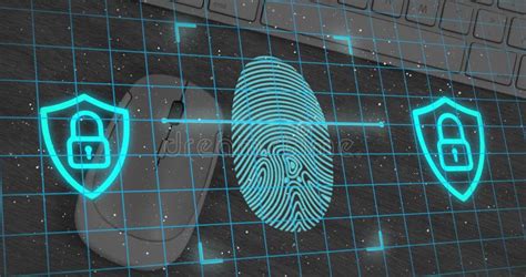 Fingerprint Scanner And Security Padlock Icon Over Grid Network Against Mouse And Keyboard Stock