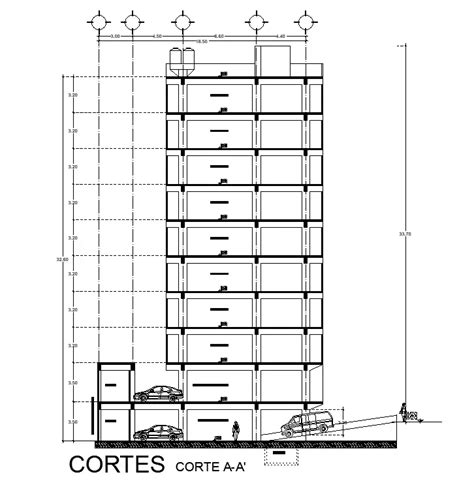 Left Side Section View Of 20x27m Apartment Building Is Given In This Autocad Drawing Model