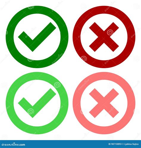 A Set Of Four Web Buttons Green Check Mark And Red Cross In Two
