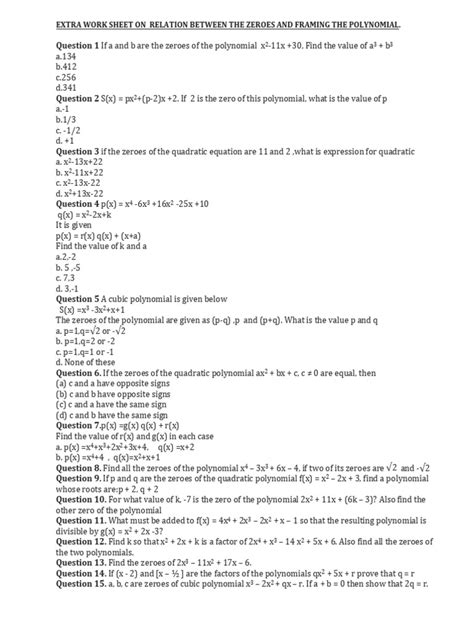 Class 10 Maths Polynomials Worksheet 7 Pdf