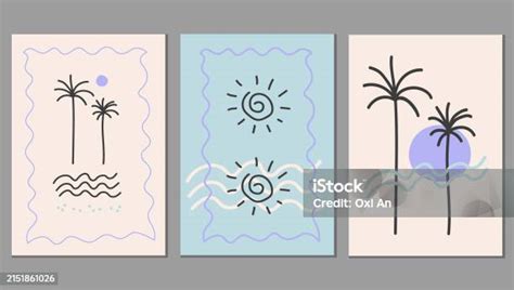 여름 열 대 보헤미안 추상 포스터 손으로 그린 벡터 일러스트 레이 션 해양 동기 바다 해안 풍경 일몰 템플릿 인쇄 종이 장식 엽서 로고를 위한 미니멀리스트 스타일의 카드