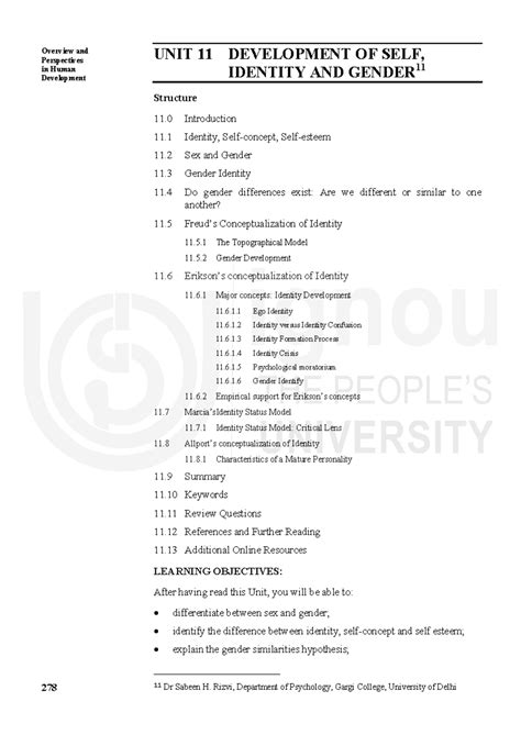 Unit 11 Learning Overview And Perspectives In Human Development UNIT 11 DEVELOPMENT OF SELF