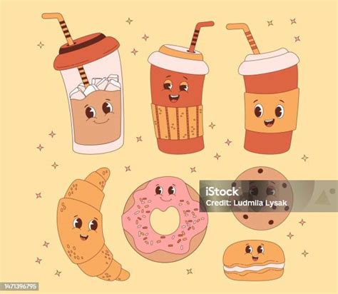 커피 테이크 아웃과 패스트리 크루아상 도넛 초콜릿 칩 쿠키 및 마카롱의 귀여운 만화 캐릭터를 수집합니다 벡터 그림입니다 격리 된