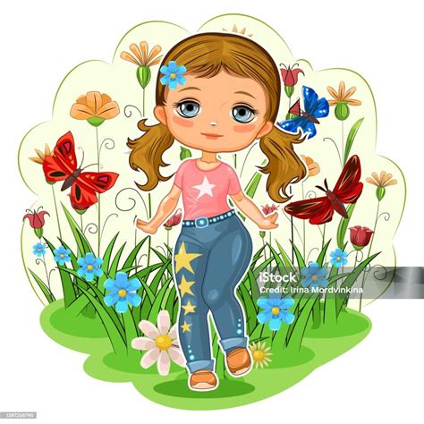 별과 청바지에 귀여운 어린 소녀 좋은 분위기에서 쾌활한 재미있는 아이 흰색 배경의 격리된 개체입니다 비치웨어를 입은 어린 아기 만화 플랫 스타일 벡터 공주에 대한 스톡 벡터