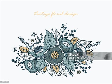 초대 카드 꽃 화 환 템플릿입니다 빈티지 꽃 배경 디자인입니다 손으로 그린 꽃다발 잎 어린 가지 씨앗 잔디 벡터 일러스트입니다 0명에 대한 스톡 벡터 아트 및 기타 이미지