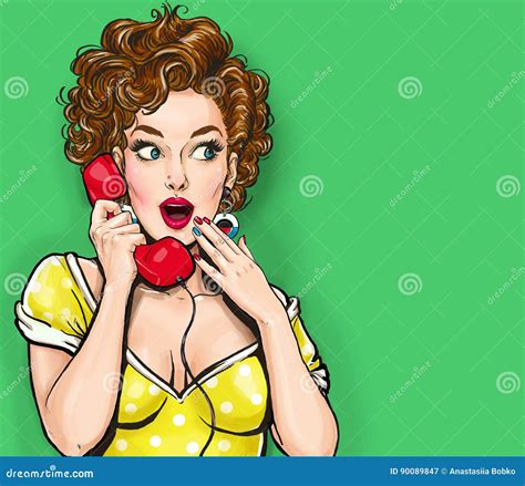 Удивленная сексуальная женщина с ретро телефоном рекламировать плакат Шуточная женщина сплетня