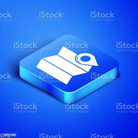 파란색 배경에 격리 된 위치 마커 아이콘이있는 등각 칭색 접힌지도 파란색 사각형 버튼입니다 벡터 일러스트레이션 거리에 대한 스톡 벡터 아트 및 기타 이미지 Istock