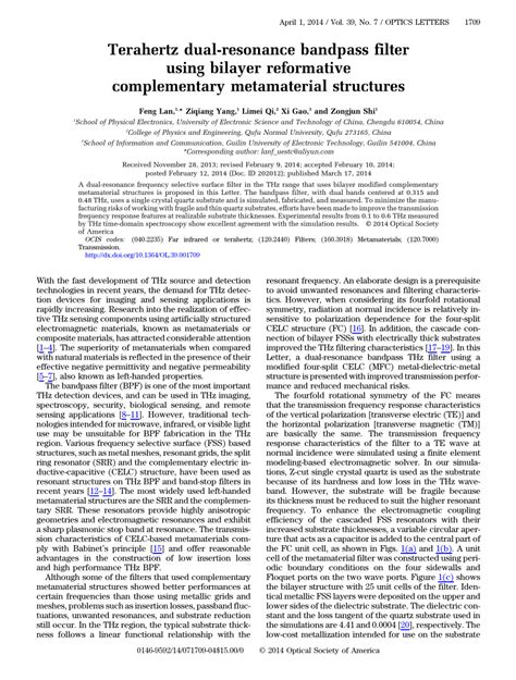 Pdf Terahertz Dual Resonance Bandpass Filter Using Bilayer Reformative Complementary