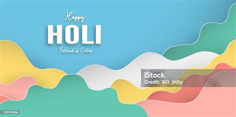 행복 한 홀리 색상의 축제 템플릿 요소 디자인 배너 포스터 인사말 카드 벡터 일러스트 레이 션 종이 컷 공예 플랫 레이 스타일과 종이 접기 유형 개념에 대한 스톡 벡터 아트