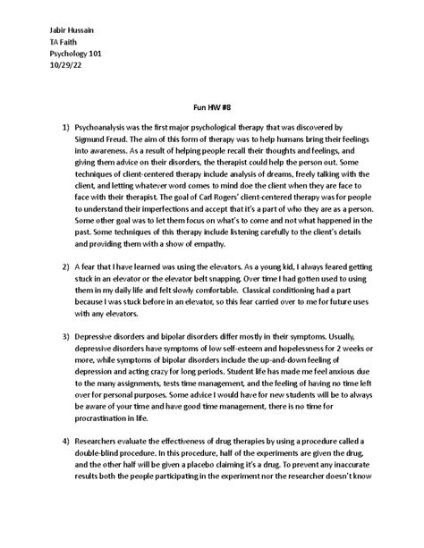 Fun HW The Th Hw Assignment Jabir Hussain TA Faith Psychology Fun HW Studocu