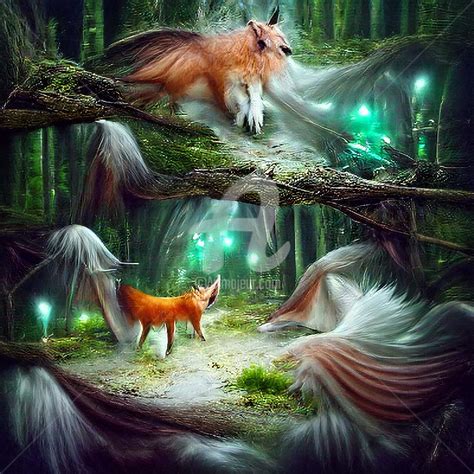 Mythical Fantasy Foxes In Forest Digital Arts By Mina Nakamura Artmajeur
