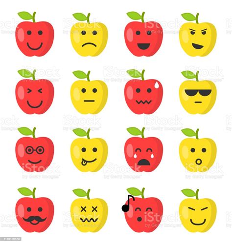 Emoji Apple Set Apple Icons On The White Background Flat Cartoon Style