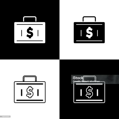 흑백 배경에 격리된 서류 가방과 돈 아이콘을 설정합니다 비즈니스 사례 기호입니다 사업 포트폴리오 재무 관리 벡터 가득 찬에 대한 스톡 벡터 아트 및 기타 이미지 Istock