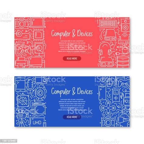 컴퓨터 및 장치 관련 개체 및 요소 손으로 그린 벡터 낙서 일러스트 레이션 컬렉션 컴퓨터 및 장치 개체가 다른 배너 템플릿 0명에 대한 스톡 벡터 아트 및 기타 이미지