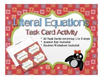 Literal Equations Solving For A Variable Notes Task Cards
