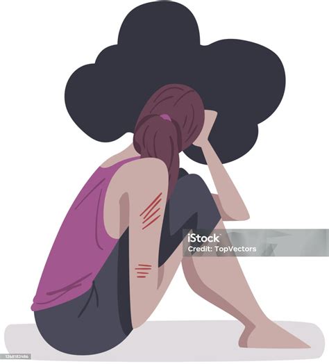 그녀의 머리 주위에 검은 구름바닥에 앉아 우울한 소녀 유령에 의해 유령 사람 정신 건강 문제 심리 장애 개념 만화 스타일 벡터 일러스트 독일에 대한 스톡 벡터 아트 및 기타