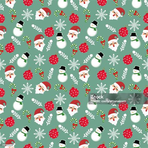 산타 클로스의 귀여운 이음새가 없는 빨간 모자 빨간 종 와 흰 눈송이에 눈사람 와 파스텔 그린 벽지와 배경에 별이 빛나고