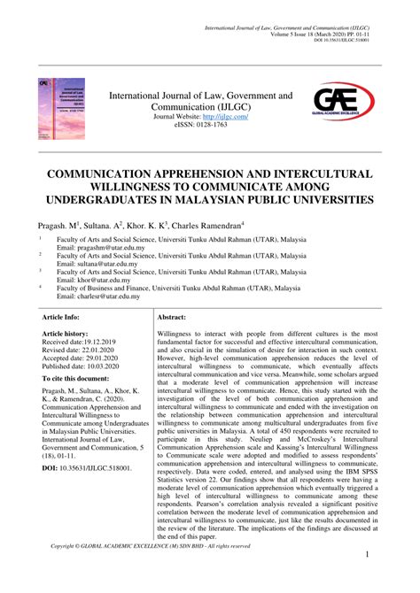 Pdf Communication Apprehension And Intercultural Willingness To Communicate Among