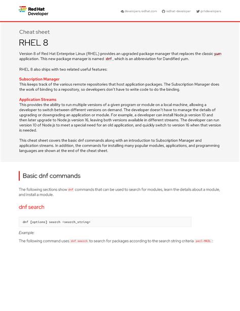 RHEL 8 Cheat Sheet Red Hat Developer Cheat Sheet RHEL 8 Version 8 Of