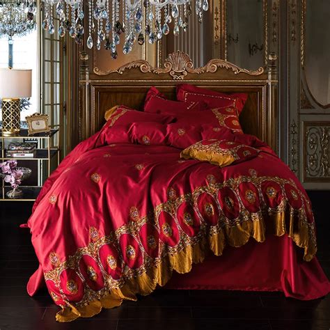 Luxury Egyptian Cotton Golden Lace Royal Bedding Sets 4 7pcs Red