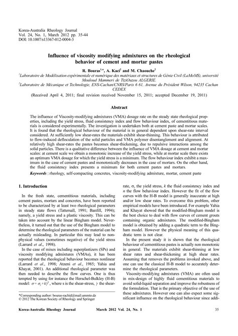 Pdf Influence Of Viscosity Modifying Admixtures On The Rheological Behavior Of Cement And