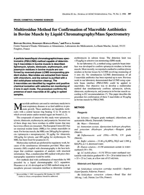 Pdf Multiresidue Method For Confirmation Of Macrolide Antibiotics In Bovine Muscle By Liquid