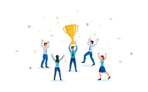 골든 트로피 컵을 들고 있는 남자와 흰색 배경의 플랫 아이콘 디자인으로 뛰어다니는 사람들과 함께 하는 비즈니스 팀의 성공
