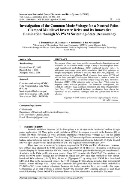 Investigation Of The Common Mode Voltage For A Neutral Point Clamped