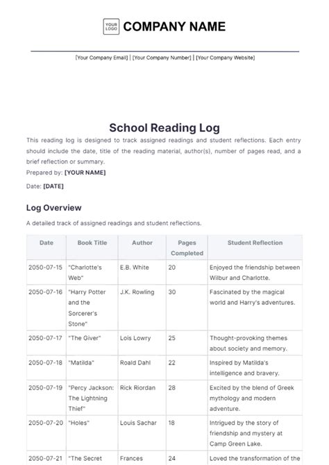 Free School Reading Log Template To Edit Online