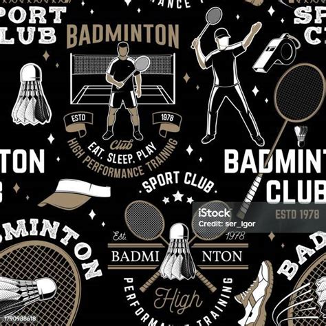 배드민턴 스포츠 스포츠 클럽 완벽 한 패턴의 세트입니다 벡터 스포츠 배경 또는 배드민턴 라켓 스포츠 신발 및 셔틀콕 실루엣이