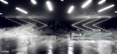 연기 원형 화살표 네온 가상 현실 어두운 그런 지 구체적인 배경 아스팔트 착시 형광 백색 빛나는 빈 공간 공상 과학 Fi 미래 우주선 단계 3d 렌더링 0명에 대한 스톡