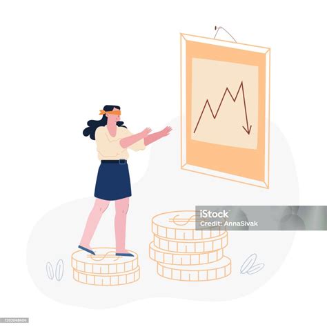 비즈니스 금융 위기 개념 화살표 다이어그램 가을 근처 달러 동전으로 눈가리개 사업가 단계 이코노미 판매 감소 투자자 파산 손실 돈 만화 플랫 벡터 일러스트 감소에 대한 스톡