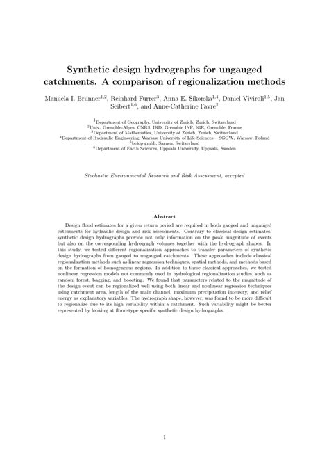 Pdf Synthetic Design Hydrographs For Ungauged Catchments A Comparison Of Regionalization Methods