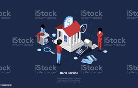 세 문자와 어두운 배경에 은행 서비스의 벡터 그림 3d 만화 스타일의 등등 측정 구성 은행 건물 돈 내부와 안전 상자 터미널 신용 카드 돋보기 3차원 형태에 대한 스톡 벡터