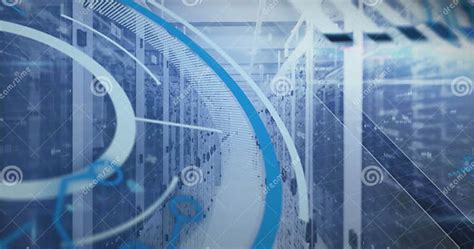 Image Of Loading Circles And Circuit Board Pattern Over Data Server Room Stock Illustration