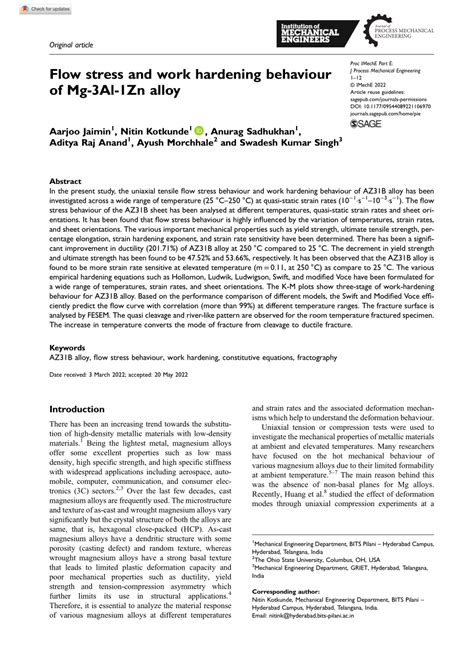 Pdf Flow Stress And Work Hardening Behaviour Of Mg 3al 1zn Alloy