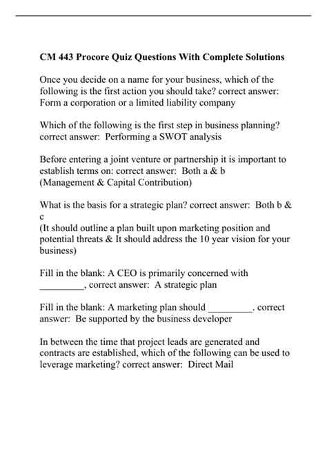 CM 443 Procore Quiz Questions With Complete Solutions Procore Stuvia US