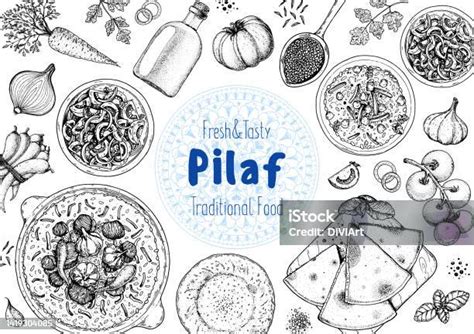 필라프를위한 필라프 요리 및 재료 스케치 일러스트레이션 중동 요리 프레임 우즈베키스탄 음식 디자인 요소 손으로 그린 패키지