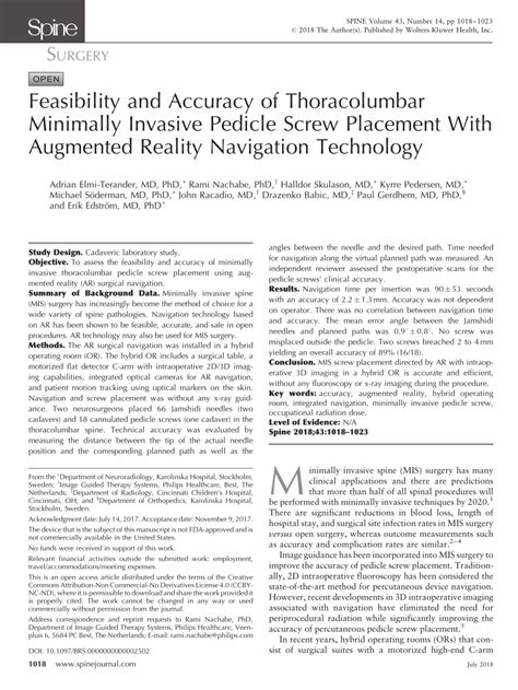 Pdf Feasibility And Accuracy Of Thoracolumbar Minimally Invasive Pedicle Screw Placement With