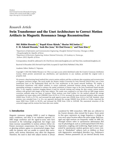Pdf Swin Transformer And The Unet Architecture To Correct Motion Artifacts In Magnetic