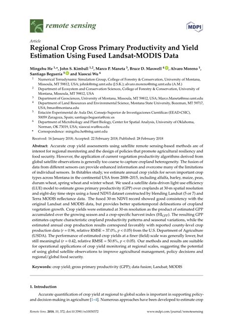 Pdf Regional Crop Gross Primary Productivity And Yield Estimation Using Fused Landsat Modis Data