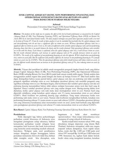 Pdf Efek Capital Adequacy Ratio Non Performing Financing Dan